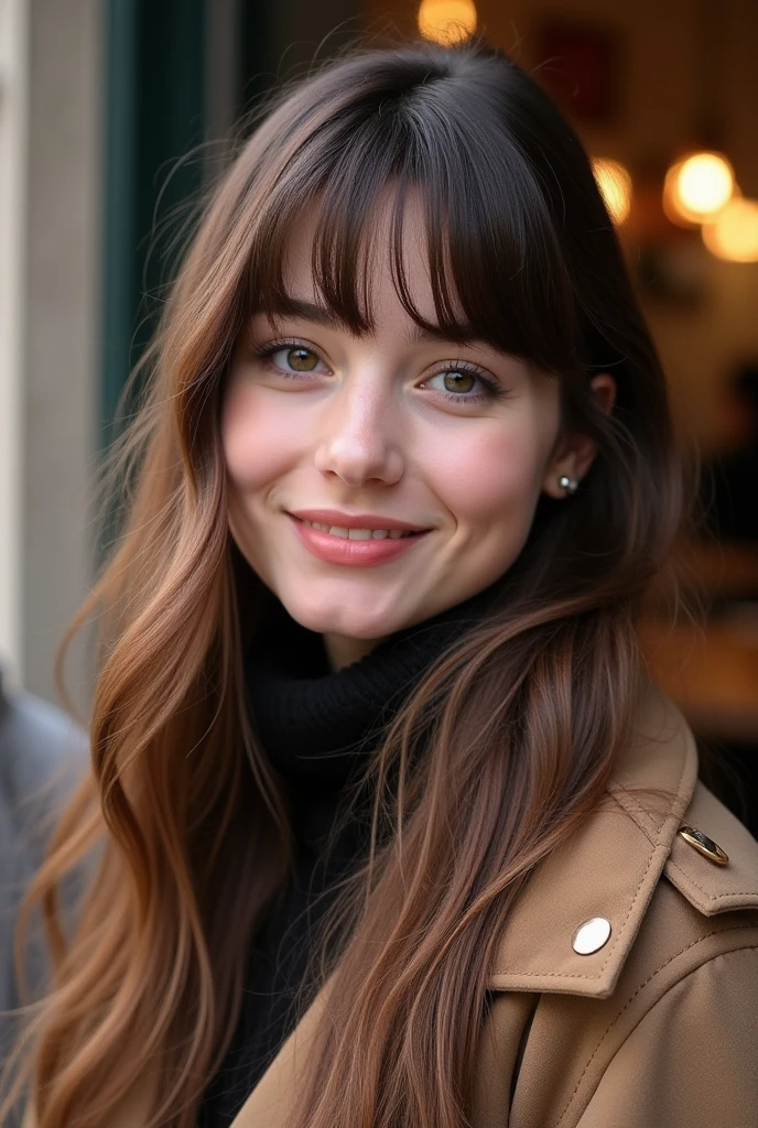 long hair, smiles, bangs, brown hair, 1 girl, French,Golden ratio face ...