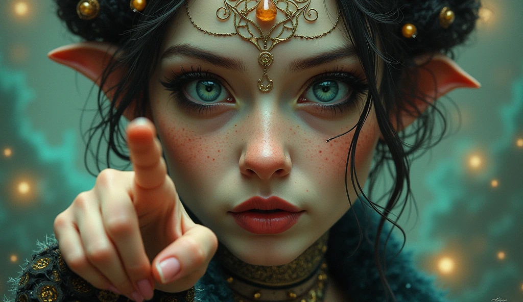 a close up of a person making a silly face with a finger, poster art ...