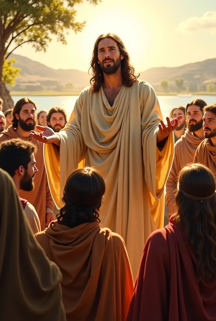 Image of Jesus preaching in the middle of a group of people - SeaArt AI
