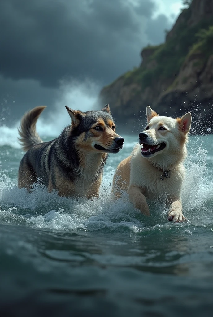 One dog is drowning in water and another dog is trying to save him ...