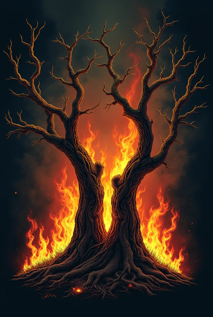 Logo, For Grunge style band , 2 ROOTED DRY TREES ON FIRE - SeaArt AI