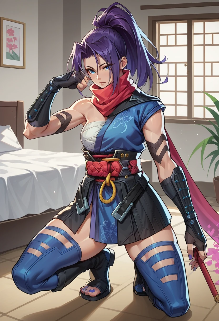 1girl, high ponytail, purple hair, blue eyes, ninja, sleeveless - SeaArt AI