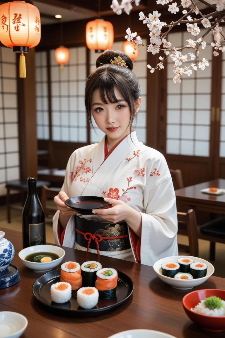 A minimalist Japanese dinner table featuring an assortment of sushi ...