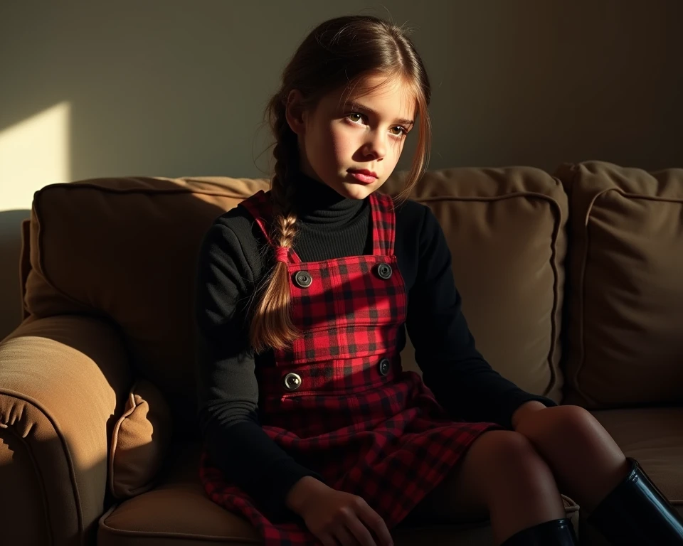 photorealistic image beautiful tween girl, sitting on sofa. brunettte ...