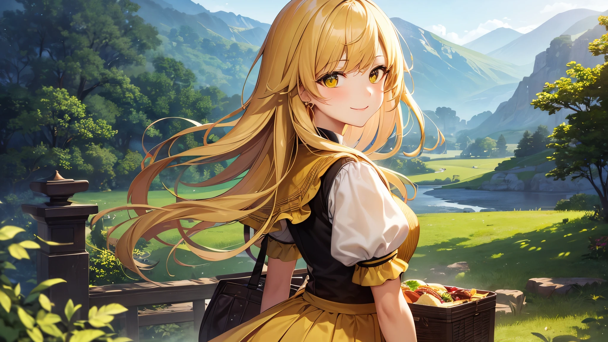 Anime girl with long blonde hair and a yellow dress holding a suitcase ...