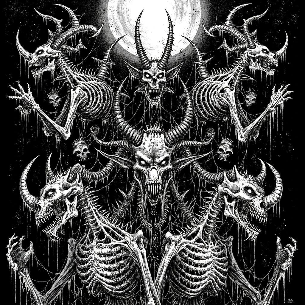 A black and white drawing of a group of demonic creatures, highly ...