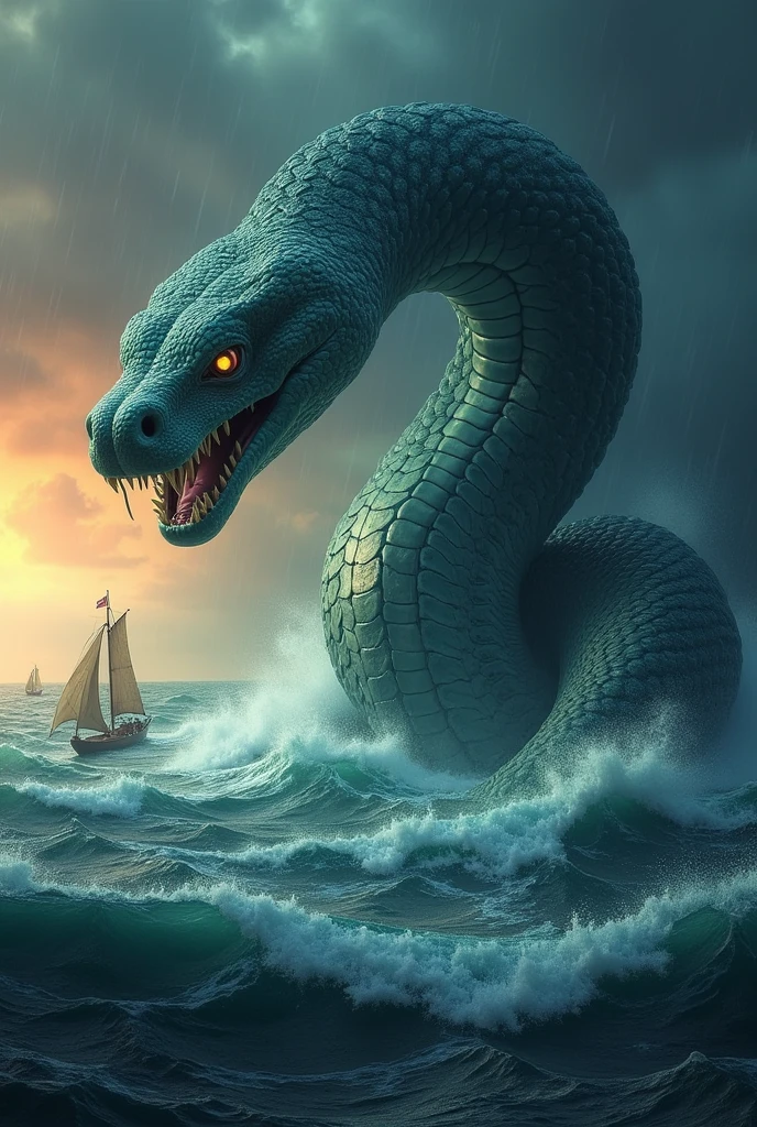 An impressive scene in the ocean at dusk , showing a giant sea snake ...