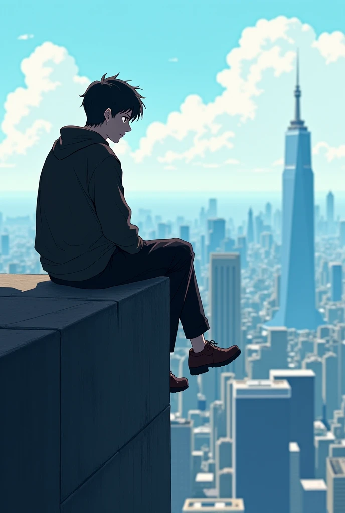 Man sitting on the edge of a building he is looking at the anime camera ...
