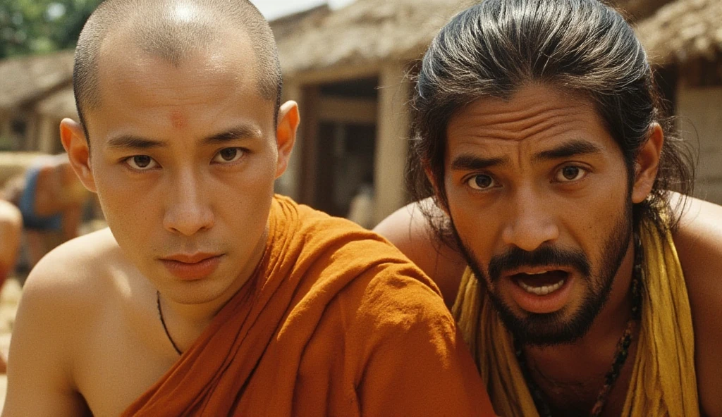 The monk and the Angry Villager, realistic, monk should be calm and ...