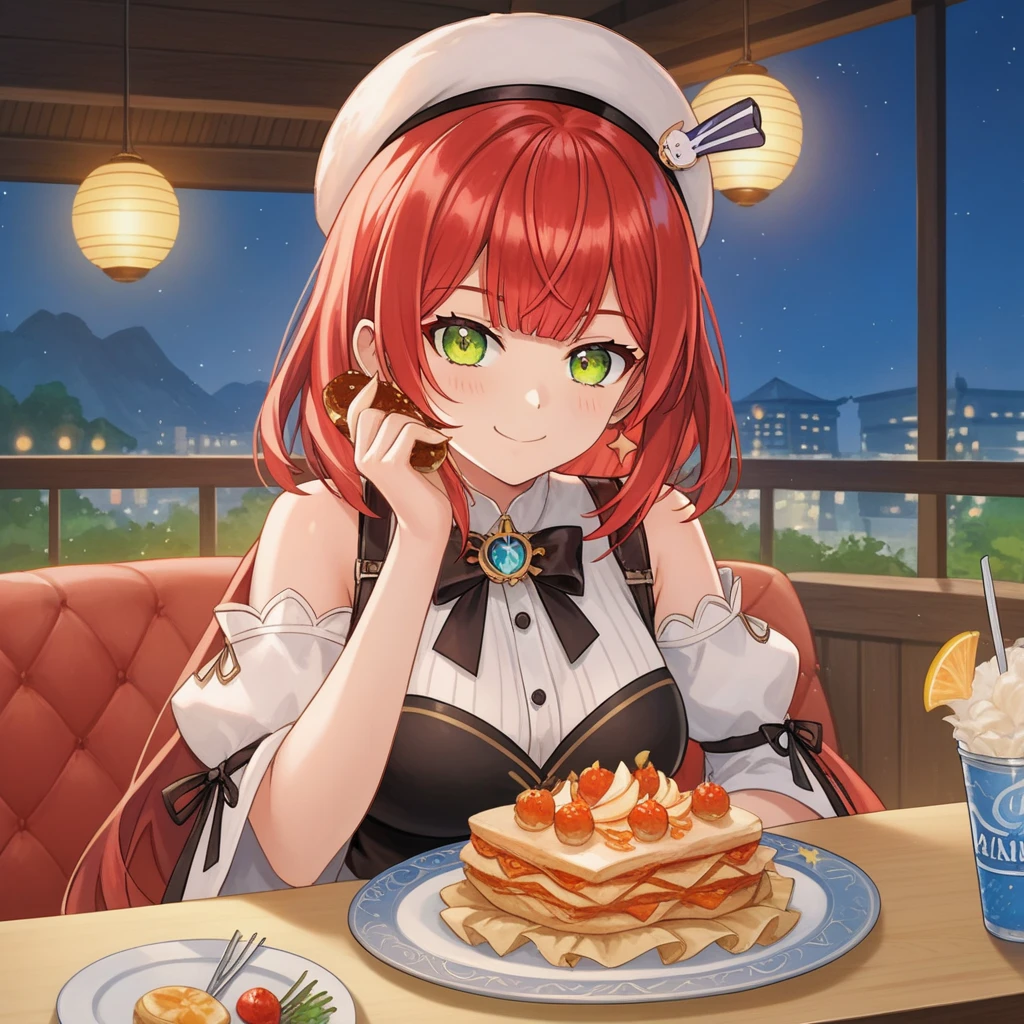 Anime character sitting at a table holding a plate of food, anime ...