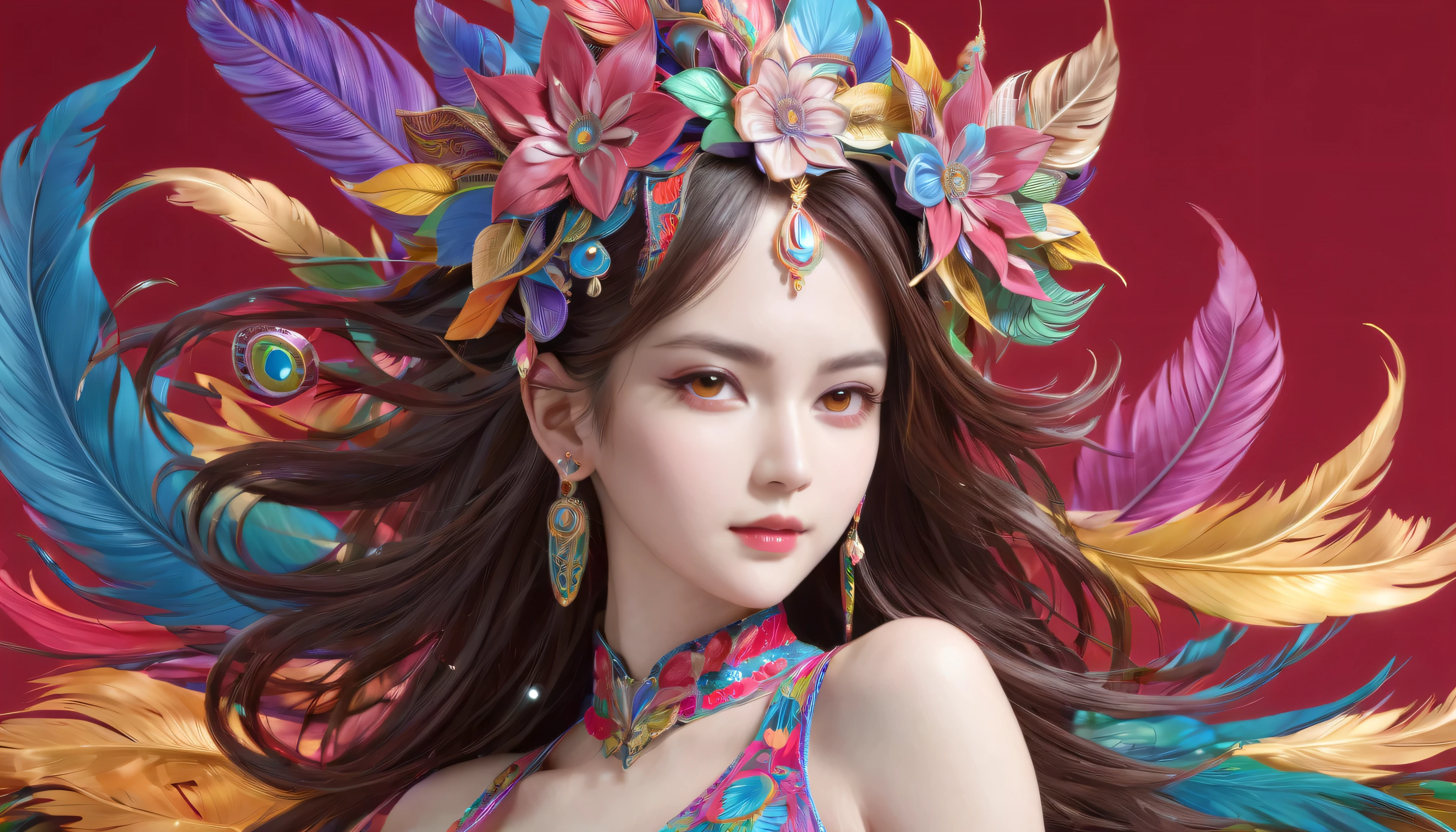 Araffe woman with colorful feathers and a headpiece on her head - SeaArt AI