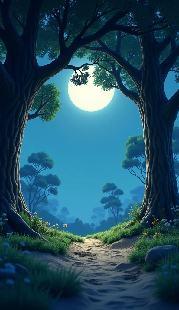 A 3D Pixar cartoon-style enchanting night-time background featuring a ...