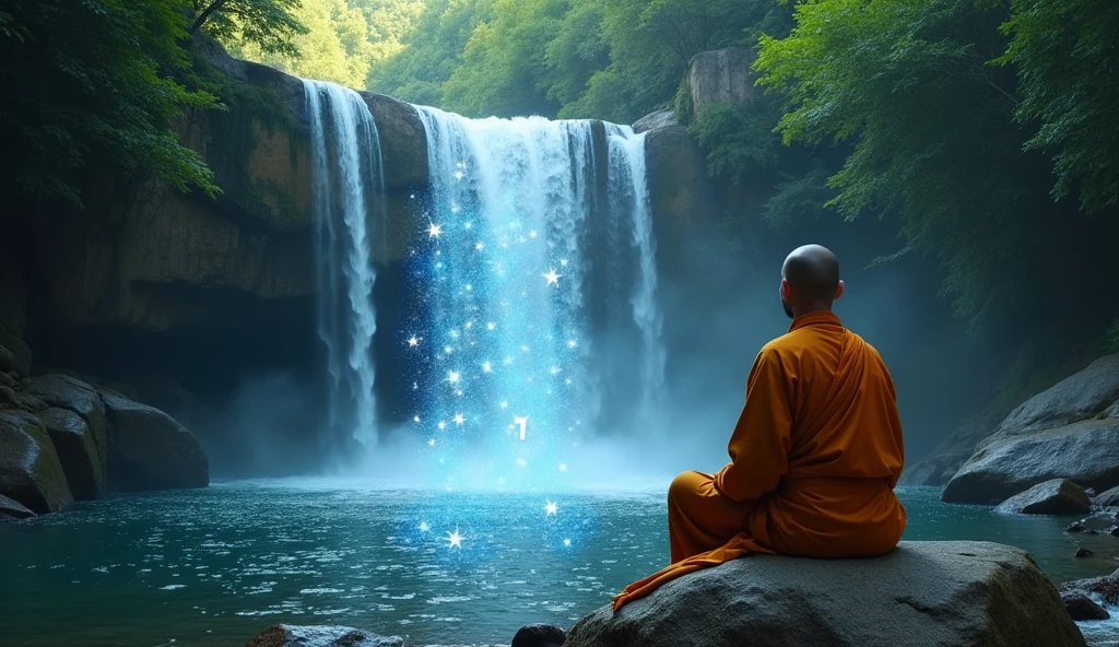 Near a sacred waterfall, a monk meditates on a smooth rock, the sound ...