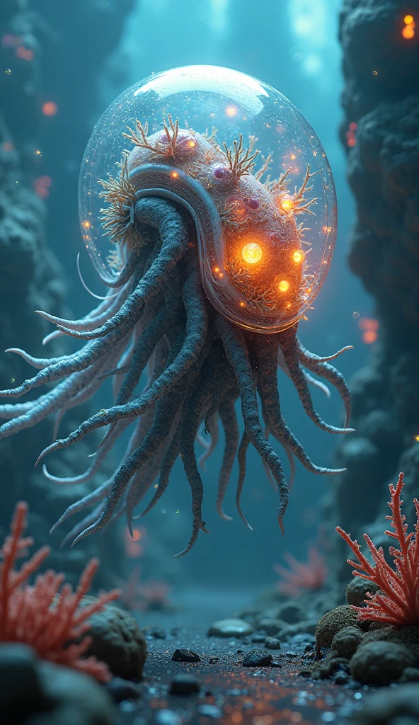 An ultra-realistic underwater unidentified organism with a surreal and ...