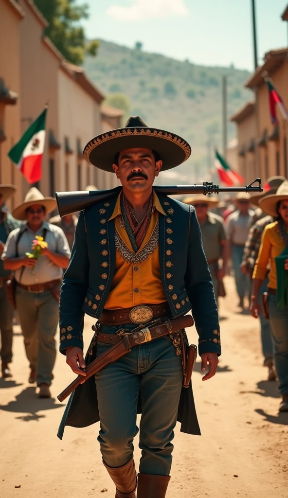 Emiliano Zapata walks through a rustic Mexican village, wearing a ...