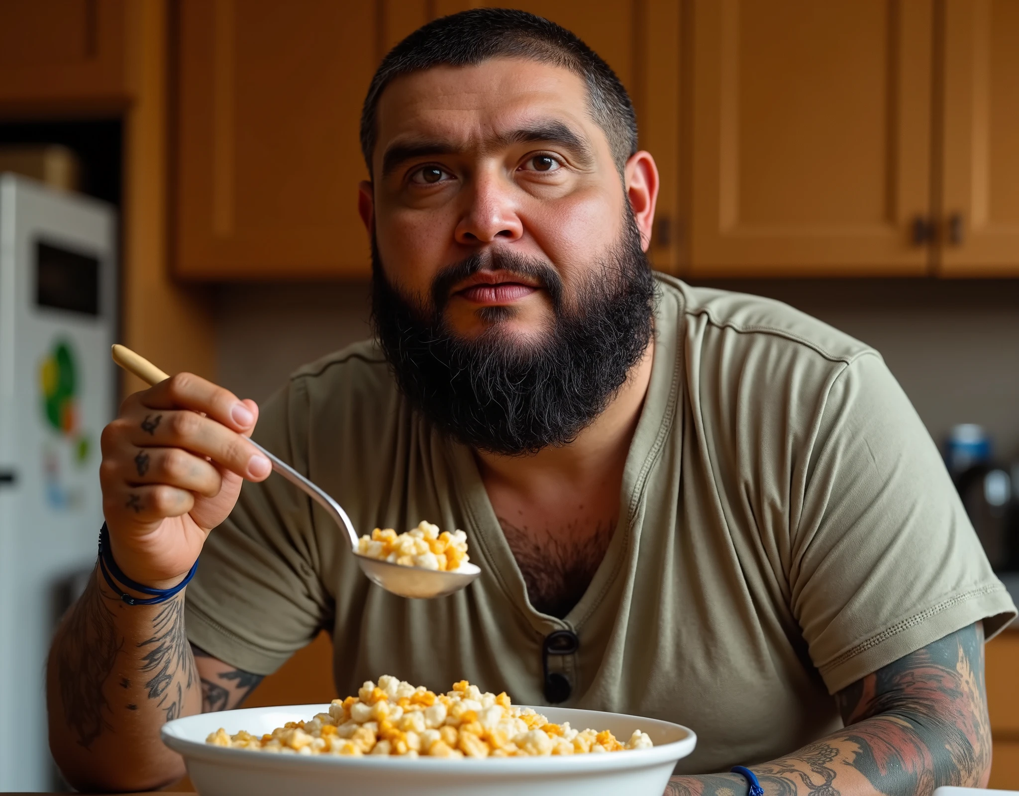There is a man with a beard eating a bowl of food - SeaArt AI