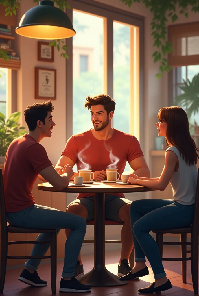 A fit guy joking with his friends in a café. - SeaArt AI