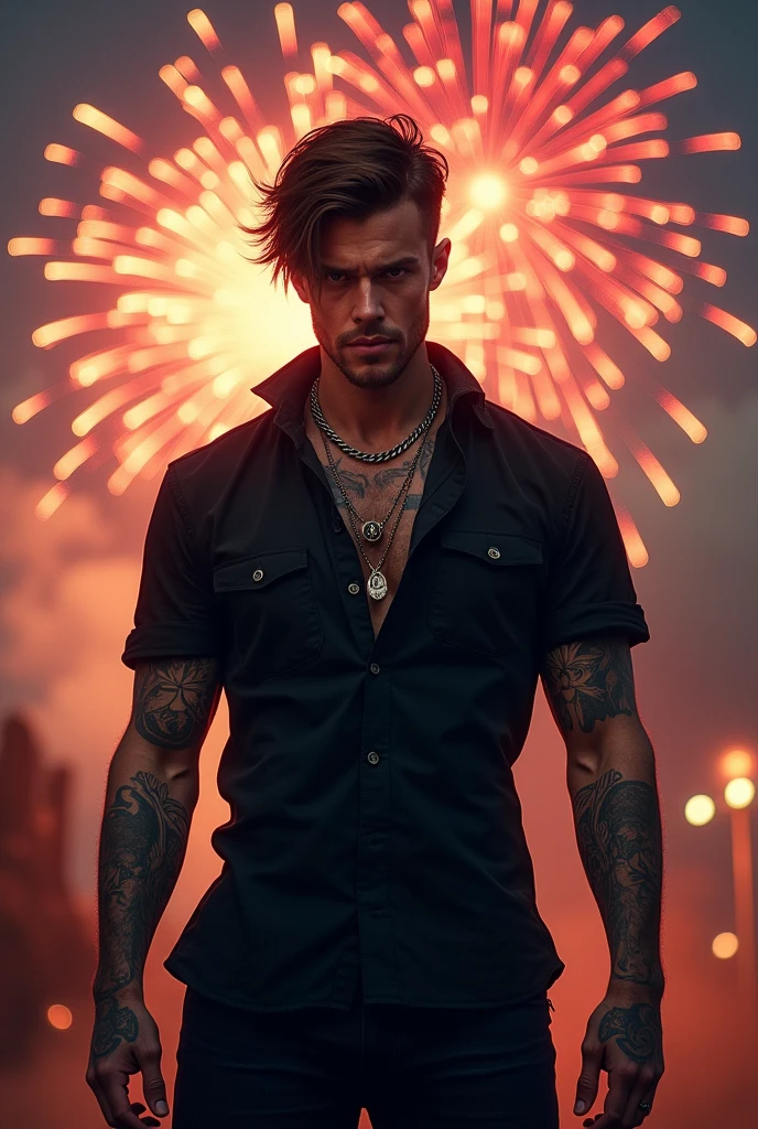 Man. brown hair . brown eyes. Tattoos. black shirt . Blick haughtily ...