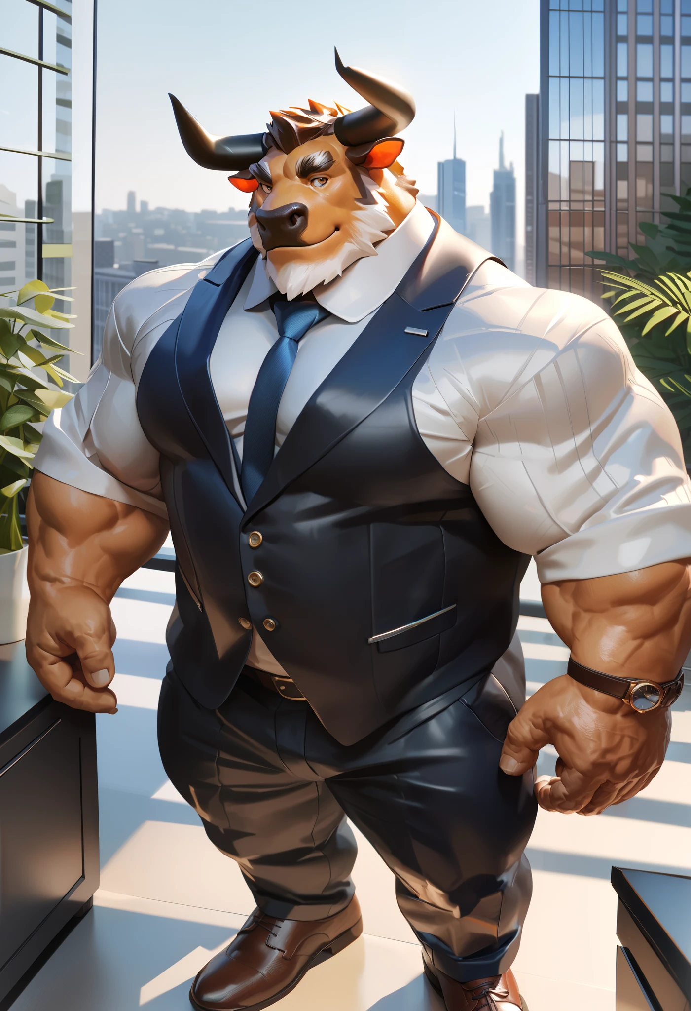 There is a statue of a bull dressed in a suit and tie - SeaArt AI