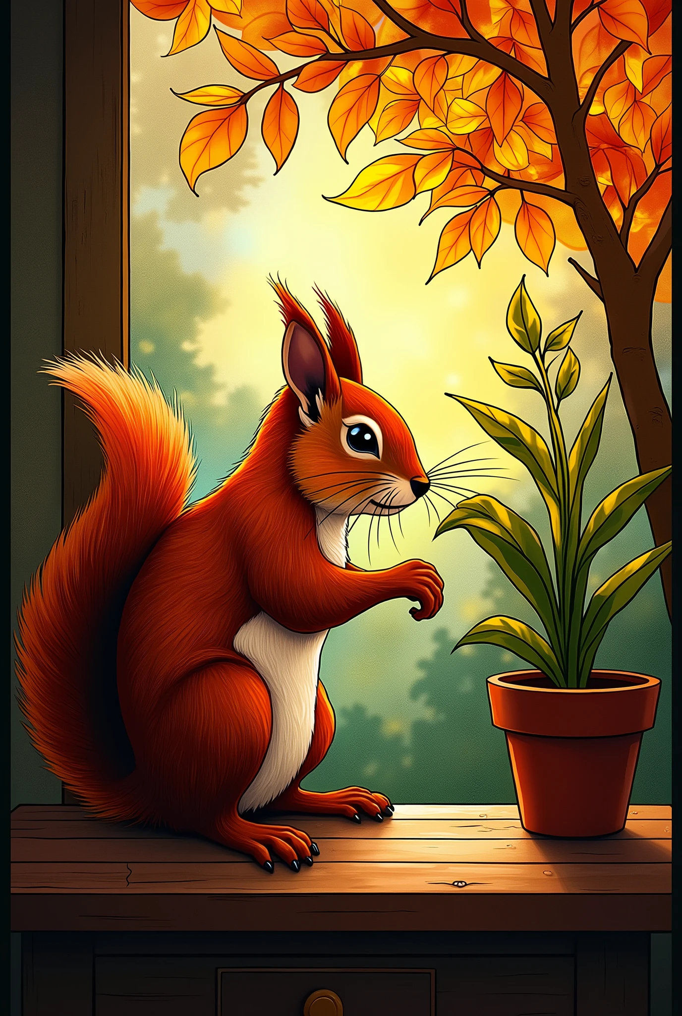 There is a squirrel sitting on a window sill next to a potted plant ...