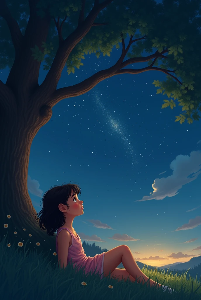 A girl Arvi lying on soft grass under the big tree at night - SeaArt AI