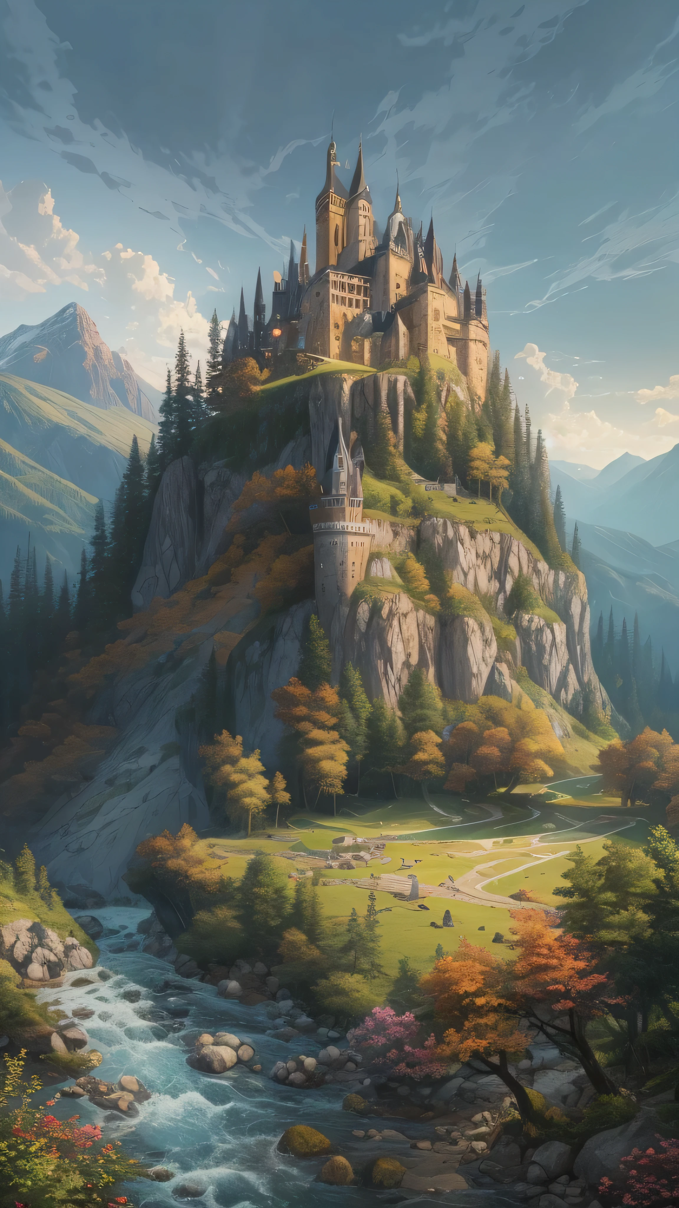 Painting of a castle on a mountain with a stream running through it ...
