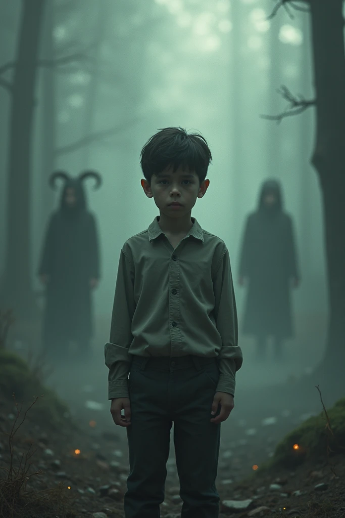 Create a boy standing in the middle with the background of devils ...