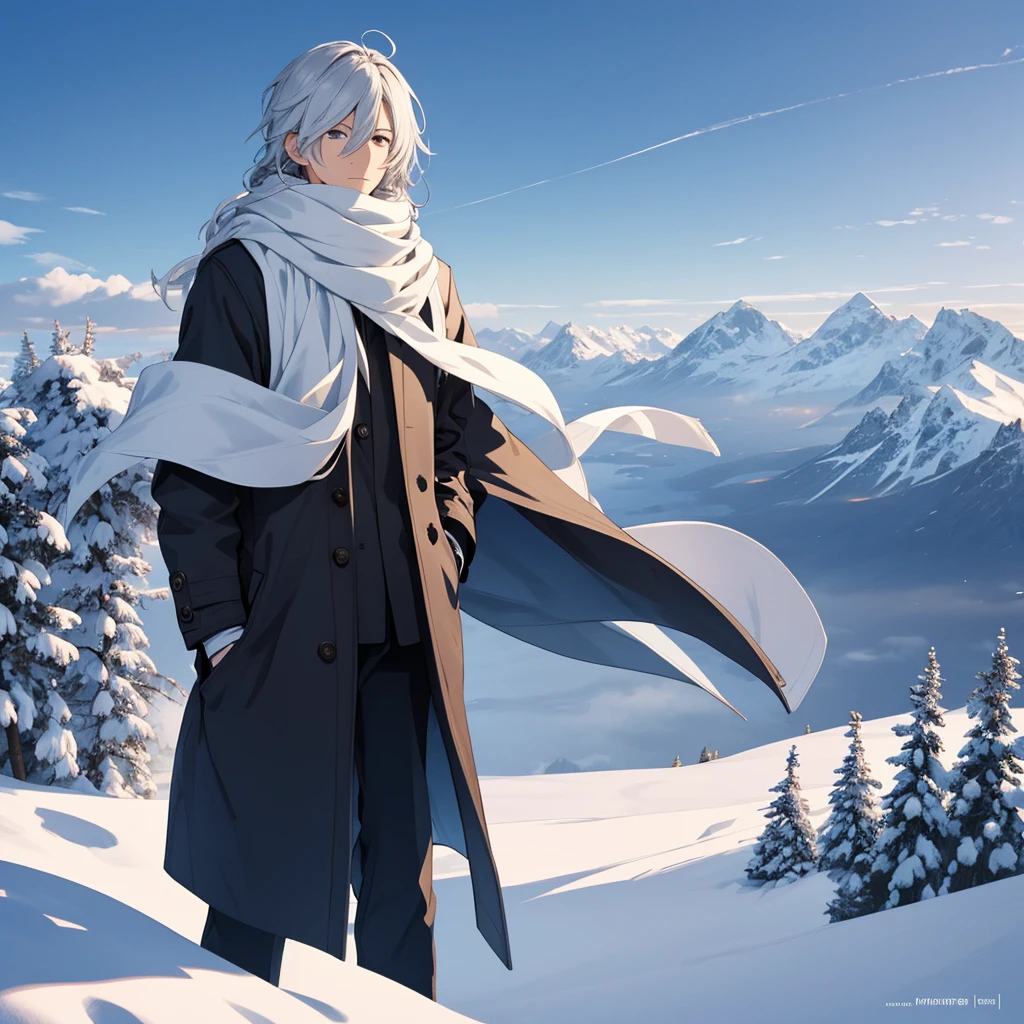 "Create a detailed anime scene of a man standing on a cliff, looking at ...