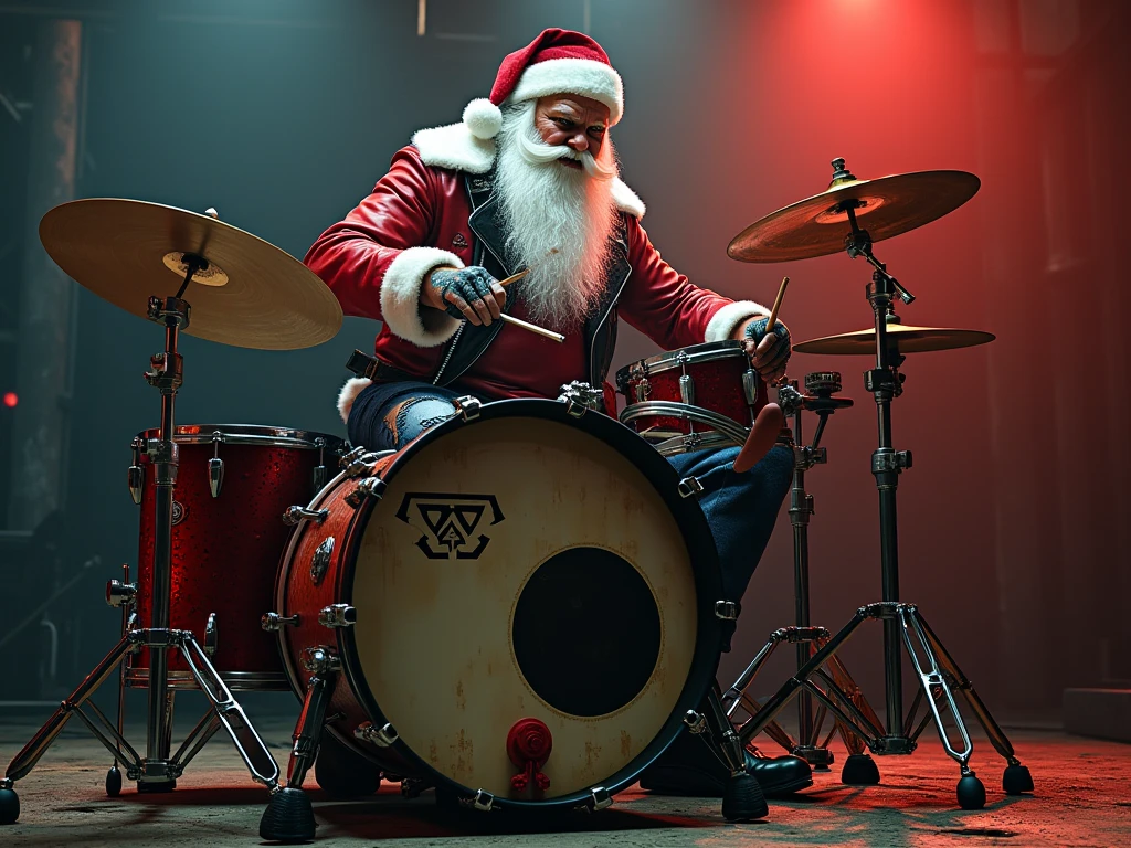 Create a realistic image of Santa Claus rocker playing drums - SeaArt AI