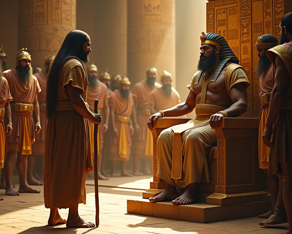 A dramatic depiction of Moses and Pharaoh standing face-to-face in ...