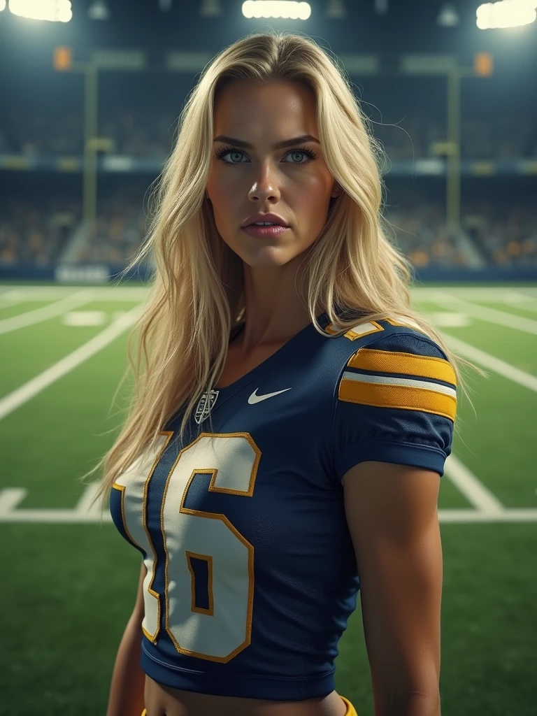 Beautiful blonde dressed in a gridiron player uniform, on the field and ...