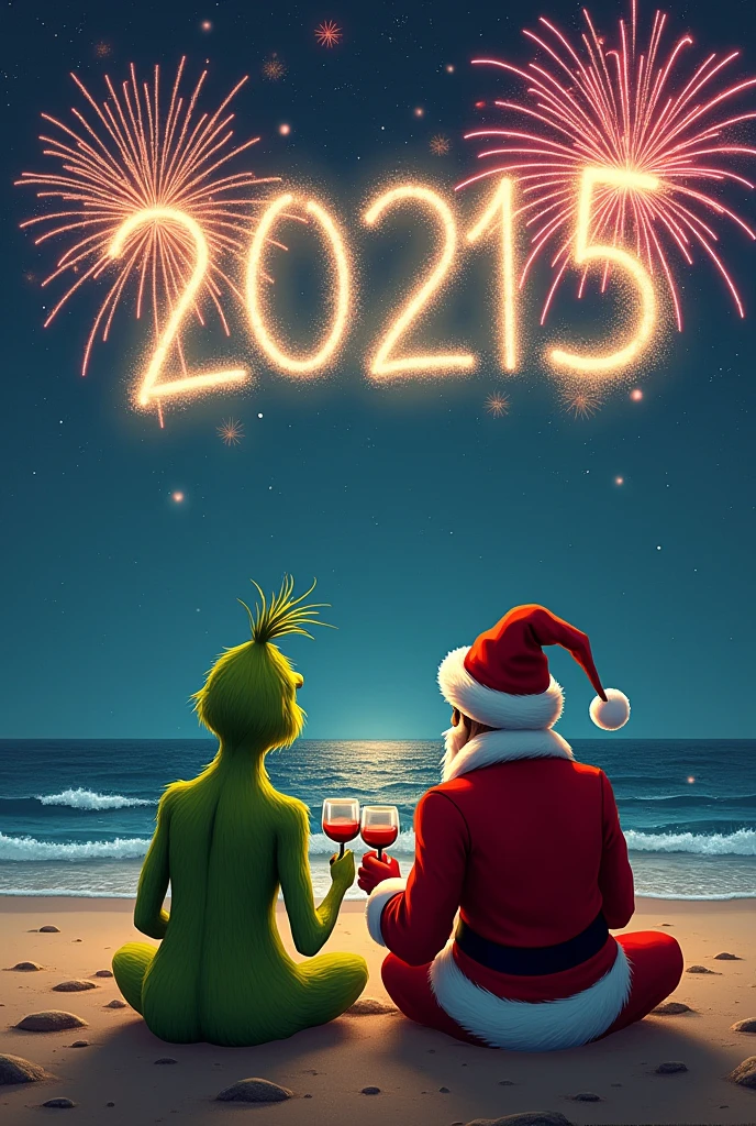 Grinch and Santa Claus with their backs drinking wine on New Year ...