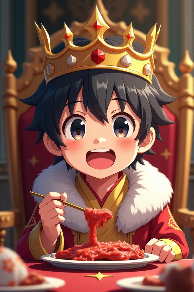 A teenage boy become a cute king eating meat with a box smile in anime ...