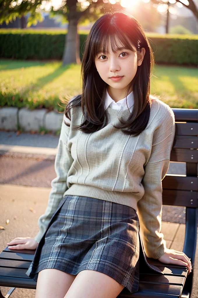 A flirtatious Japanese college student sitting on a park bench during ...