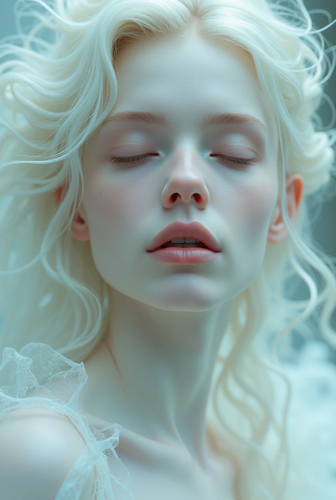 a close up of a woman with blond hair wearing a white dress - SeaArt AI
