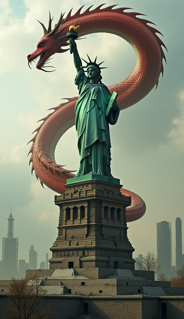 The ruined Statue of Liberty , a flying Chinese red serpent dragon ...