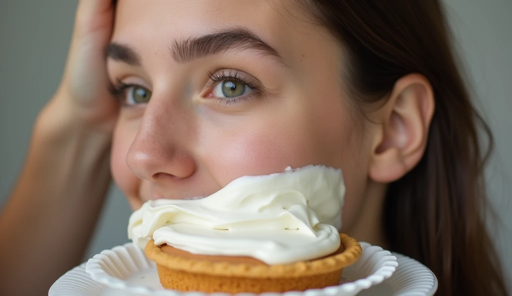 A close-up of a beautiful young woman being pied in the face by another ...