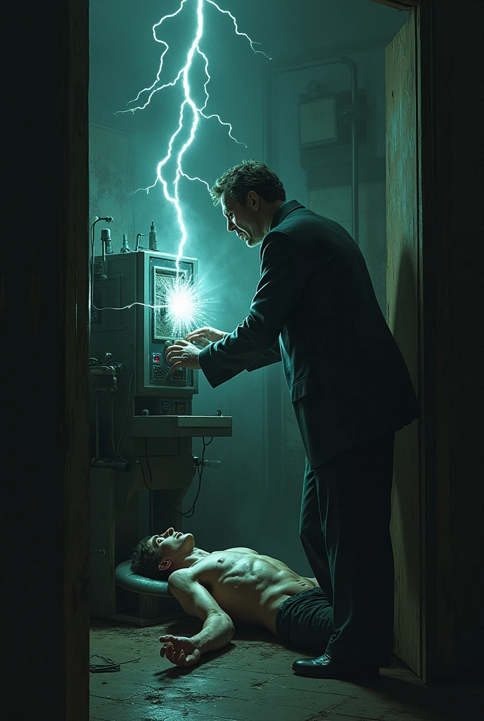 A person is electrocuted by a scientist whose head temple is connected ...