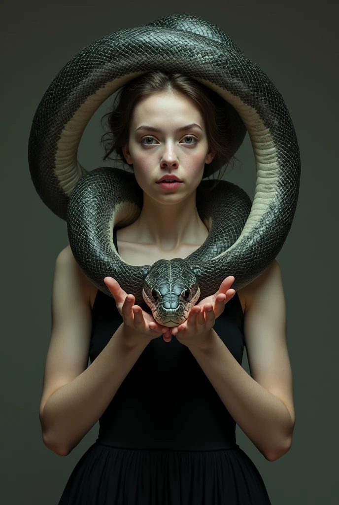 The girl is facing us and her head is surrounded by a snake, her arms ...