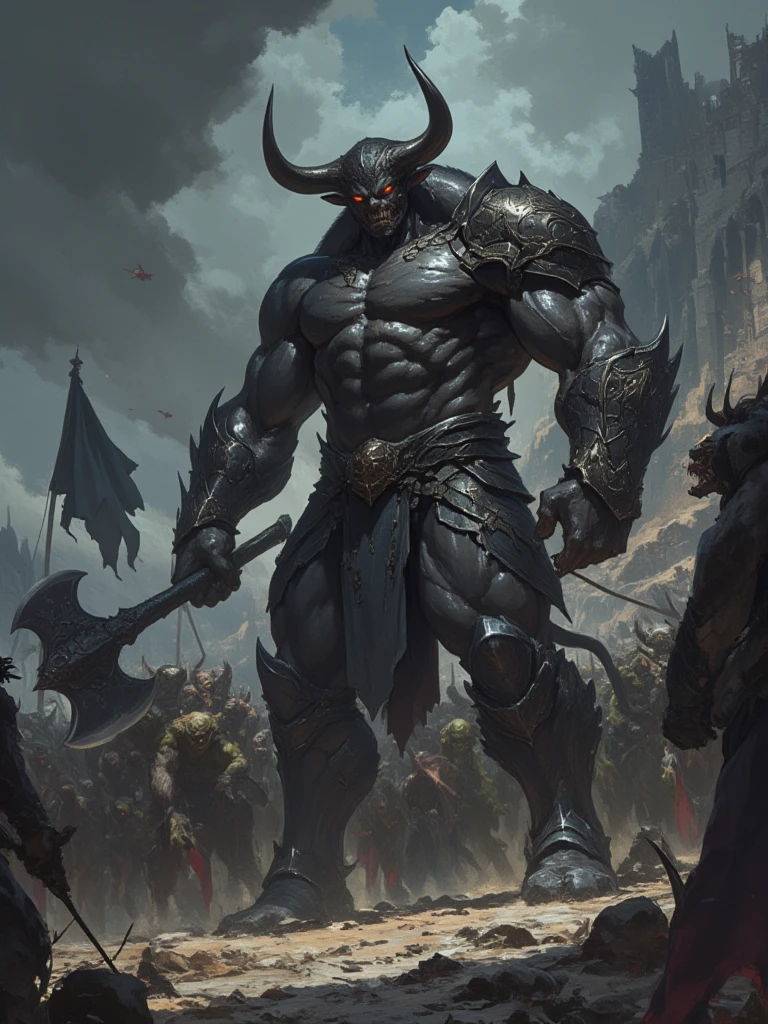 Minotaur warrior, muscular, tall, standing in front of demonic army ...