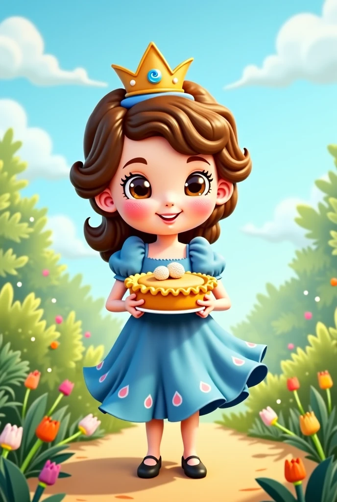 little princess on blue dress, holding pie in hands, cartoon - SeaArt AI