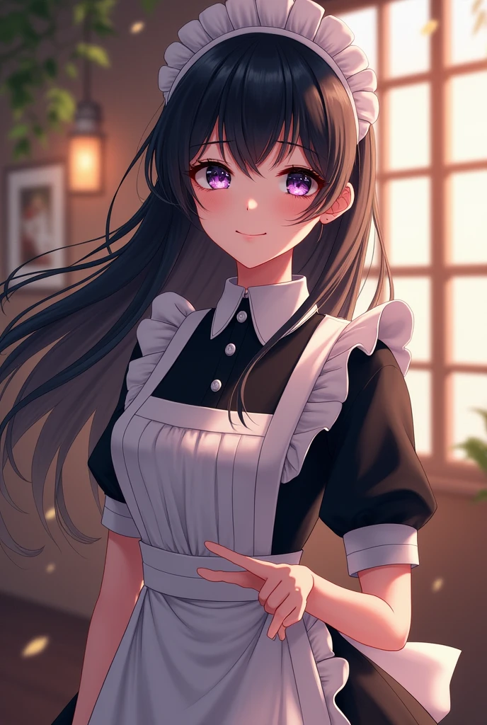 Female, Maid, black hair , Eyes like purple and black stars - SeaArt AI