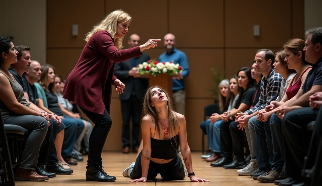 In a dramatic and emotionally charged scene set in a public event space ...