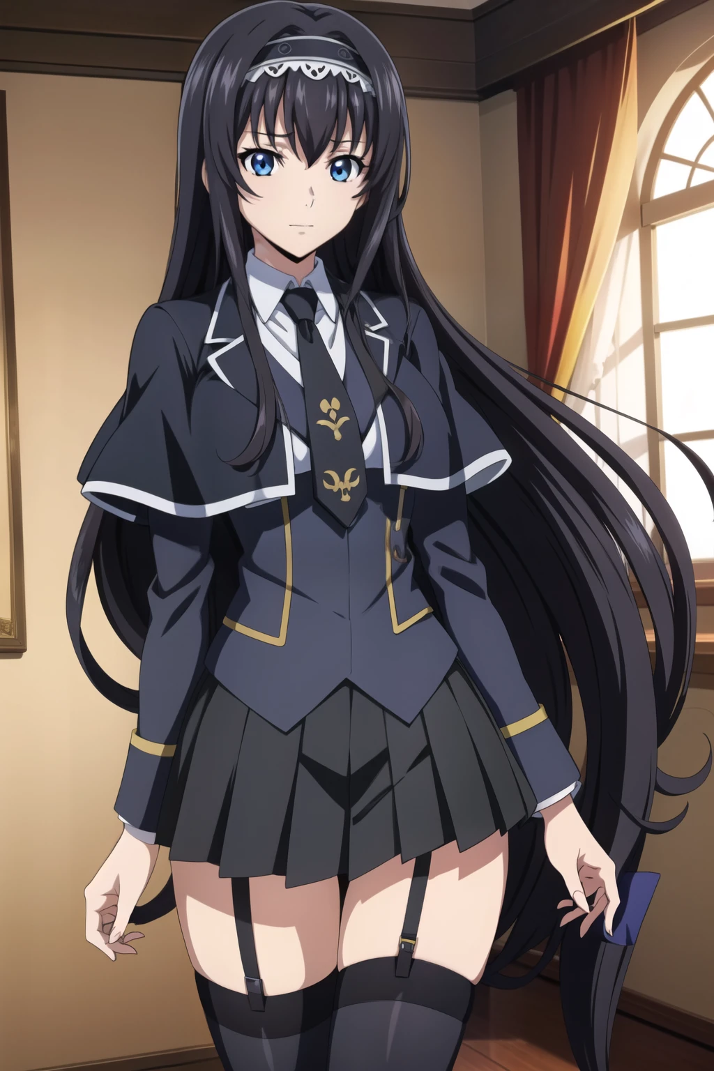 Anime girl in uniform with long black hair and blue eyes - SeaArt AI