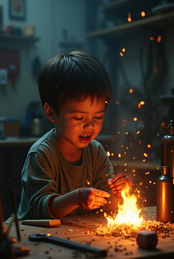 Boy crying because he burned himself with pyrotechnics - SeaArt AI
