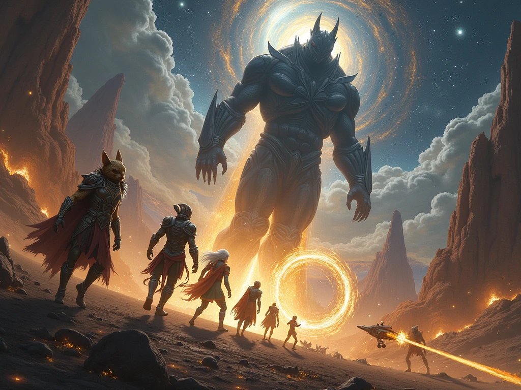 "Depict a climactic scene of a diverse galactic coalition battling ...