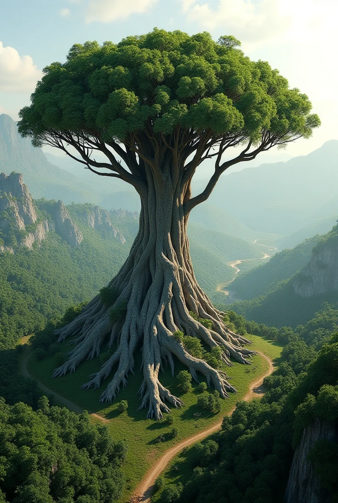 Aerial view of a humongous tall wide tree in the middle of a vast ...