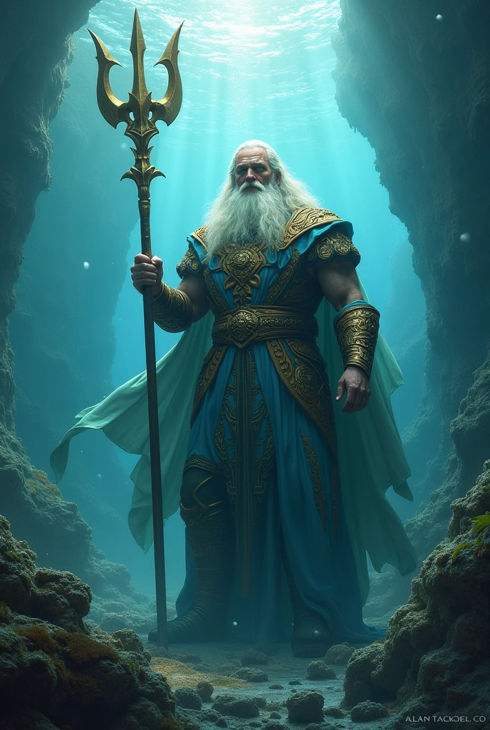 A man is holding the trident stand under the sea with a poseidon ...
