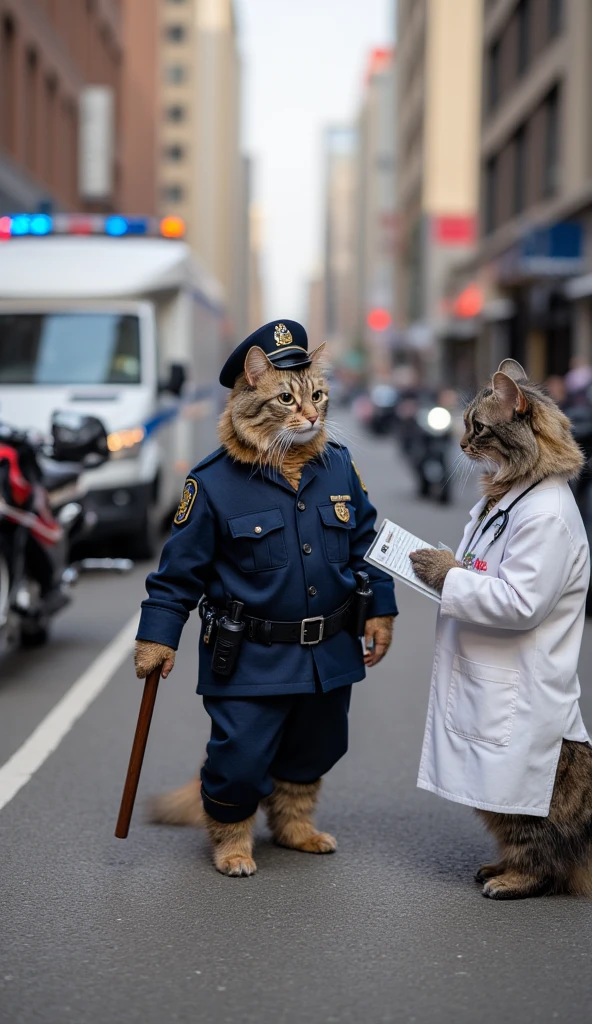 "A ginger tabby cat dressed as a police officer, wearing a neatly ...