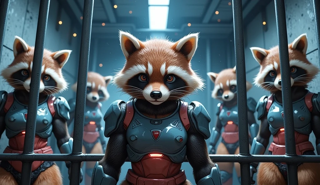 From the first-person perspective, futuristic jail cage with raccoons ...